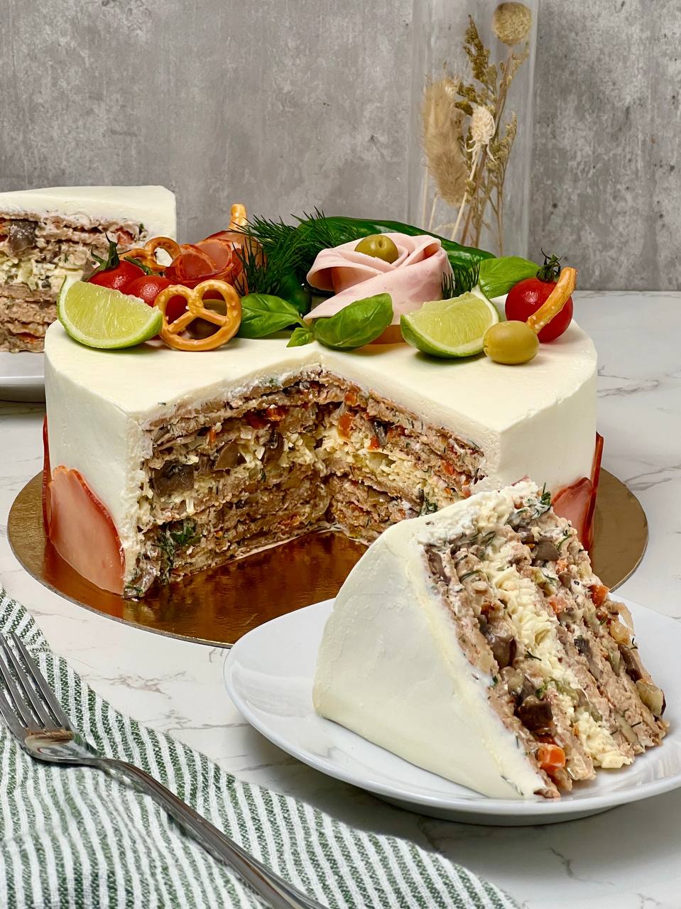 Meat Cake with Cheese and Champignons - Step by Step Recipe